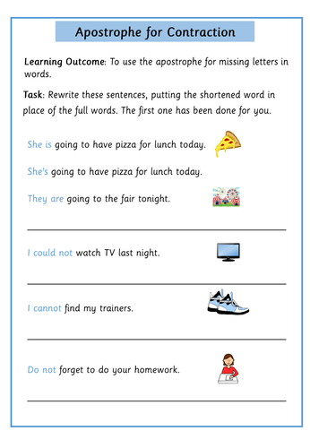 Apostrophe for Omission / Contraction Worksheets | Teaching Resources
