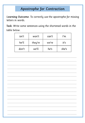 Apostrophe for Omission / Contraction Worksheets | Teaching Resources