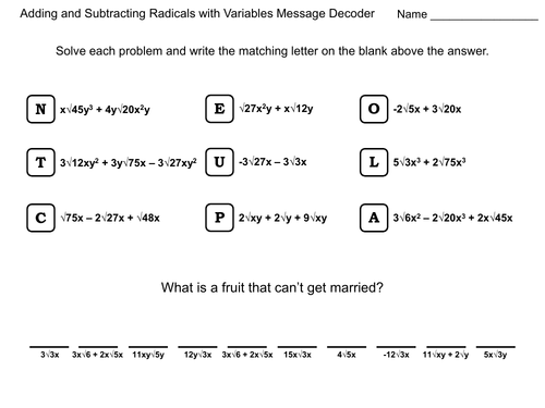 Adding and Subtracting Radicals with Variables Worksheet: Math Message ...