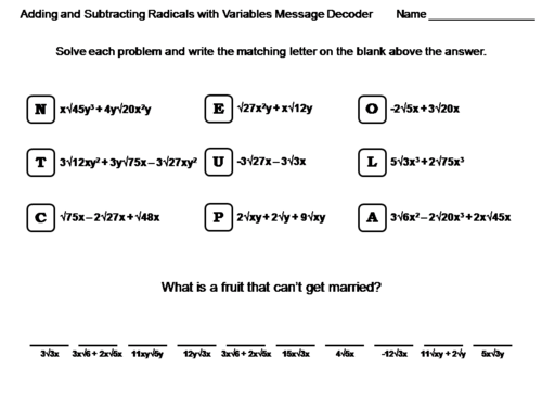 Adding and Subtracting Radicals with Variables Worksheet: Math Message ...
