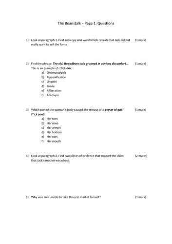 The Beanstalk - A Short Story for English Comprehension or Guided ...