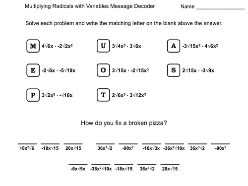 Multiplying Radicals with Variables Worksheet: Math Message Decoder ...