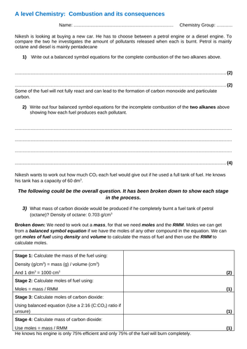 Combustion and moles calculations | Teaching Resources