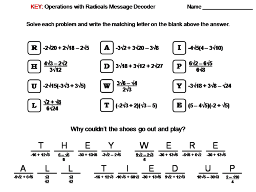 Operations with Radicals Worksheet: Math Message Decoder | Teaching ...