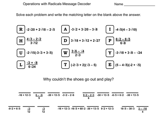 Operations with Radicals Worksheet: Math Message Decoder | Teaching ...