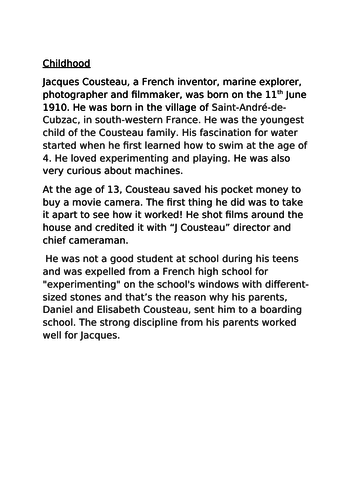 Jacques Cousteau biography research lesson | Teaching Resources