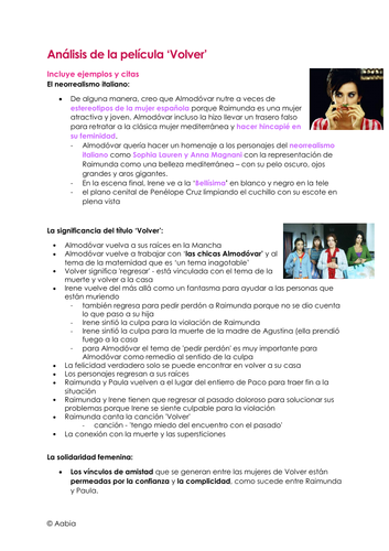 VOLVER Detailed Analysis notes for A LEVEL SPANISH | Teaching Resources