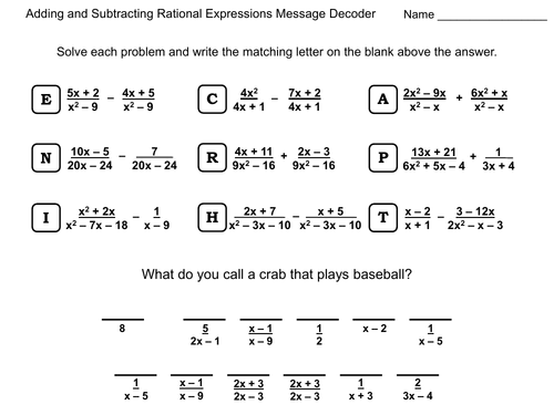 Adding and Subtracting Rational Expressions Worksheet: Math Message ...