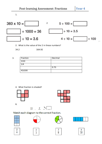 Pre/post learning assessment with toolkit Year 4 Fractions | Teaching ...