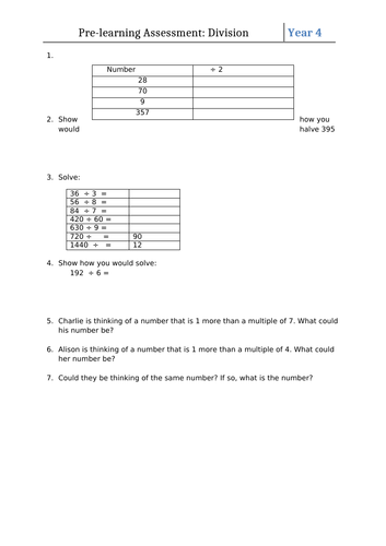Pre/post assessment + toolkits Division Year 4 | Teaching Resources