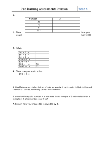 Pre/post assessment + toolkits Division Year 4 | Teaching Resources
