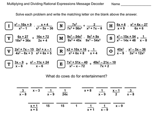 Multiplying and Dividing Rational Expressions Worksheet: Math Message ...