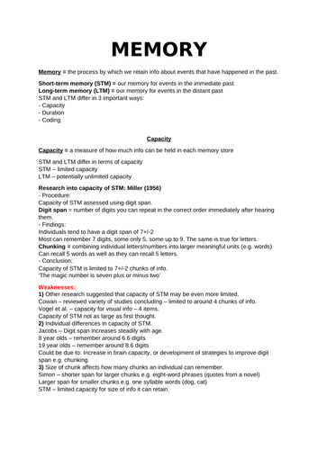 Memory - AQA A-Level Psychology | Teaching Resources