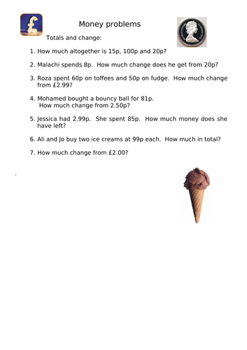 Worksheet - money word problems | Teaching Resources