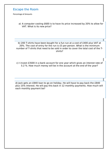 GCSE Maths/Functional Skills-Percentage of Amounts-Escape the Room | Teaching Resources