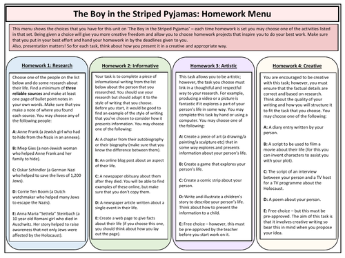Boy in the Striped Pyjamas: Knowledge Organiser & Homework Menu ...