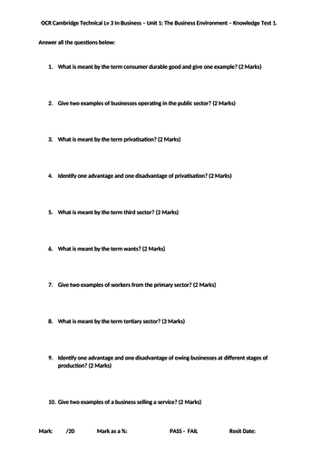OCR Cambridge Tech in Business Lv 3 - Unit 1 - SOW and HOMEWORKS ...