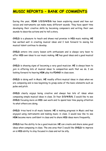 Music Reports - Bank of comments | Teaching Resources