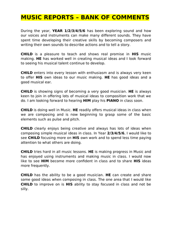 Music Reports - Bank of comments | Teaching Resources