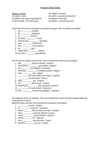 German present tense verbs worksheet | Teaching Resources