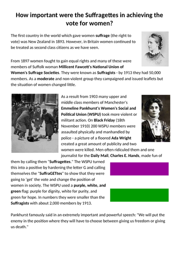 Suffragettes - 8-page full lesson (notes, sources worksheet) | Teaching ...