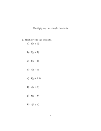 Multiplying out single brackets worksheet (with solutions) | Teaching ...
