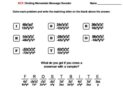 Dividing Monomials Worksheet: Math Message Decoder | Teaching Resources