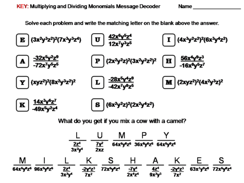 Multiplying and Dividing Monomials Worksheet: Math Message Decoder ...