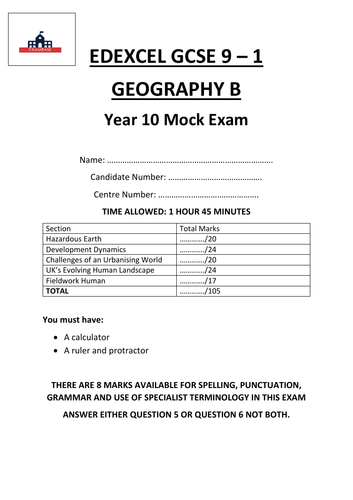 Edexcel GCSE Geography B Year 10 Mock Exam | Teaching Resources