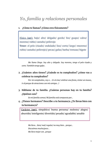 Spanish CIE IGCSE Self and family - Yo, familia y relaciones | Teaching ...