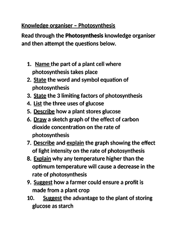 Photosynthesis Knowledge Organiser | Teaching Resources