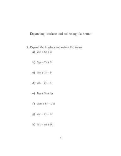 Expanding brackets and collecting like terms worksheet no 2 (with ...