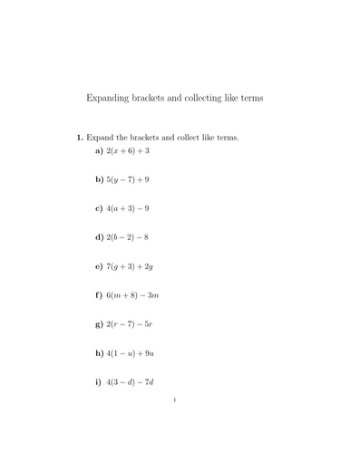 Expanding brackets and collecting like terms worksheet no 2 (with ...