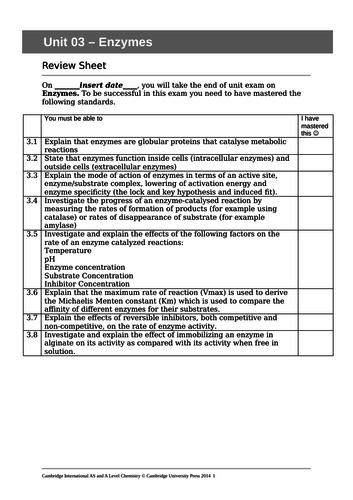 9700 CIE Enzymes Examination Pack - Review Sheet, Examination, Answers ...