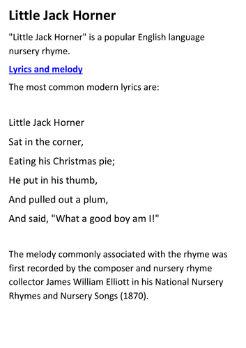 Little Jack Horner Handout | Teaching Resources