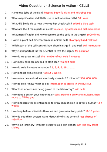 Cells - Science in Action - Questions to accompany video | Teaching ...