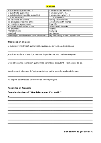 GCSE French worksheet on Stress and Well being | Teaching Resources