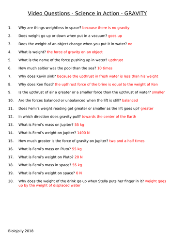 Gravity - Science in Action - Questions to accompany video | Teaching ...