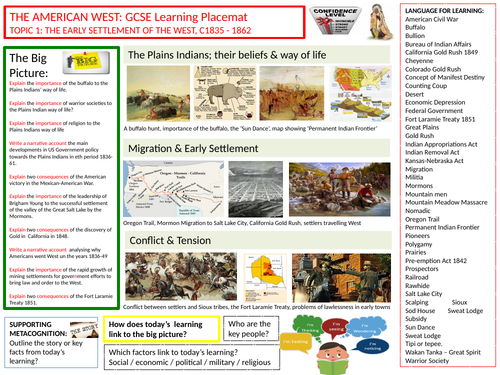 9-1 Edexcel History Learning/Topic Placemats for The American West ...