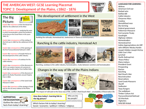 9-1 Edexcel History Learning/Topic Placemats for The American West ...