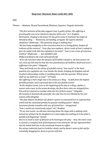 English Lit Edexcel A-Level A* King Lear Character Notes with AO1 and ...