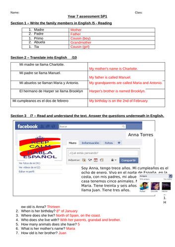 Year 7 Spanish assessment with answers - family | Teaching Resources