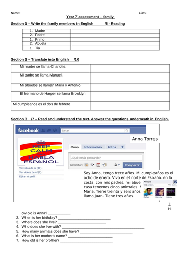 Year 7 Spanish assessment with answers - family | Teaching Resources