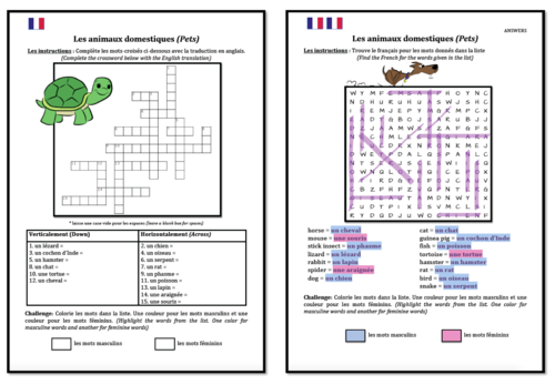 Les animaux (domestiques)/ Pets-crosswords and word search- French ...