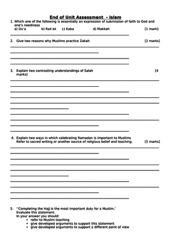 Ln 6. Islam Assessment (KS3) | Teaching Resources
