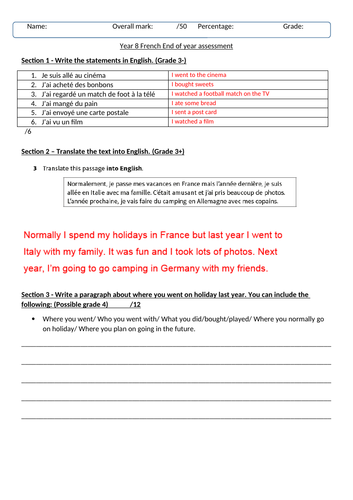 Year 8 French - End of Year Assessment | Teaching Resources