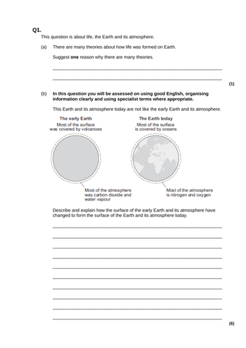2019 AQA GCSE Chemistry Carbon footprint Earth's early atmosphere ...