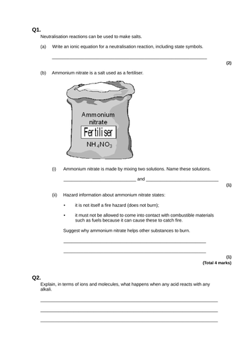 2019 AQA GCSE Chemistry Neutralisation of Acids Electrolysis | Teaching ...