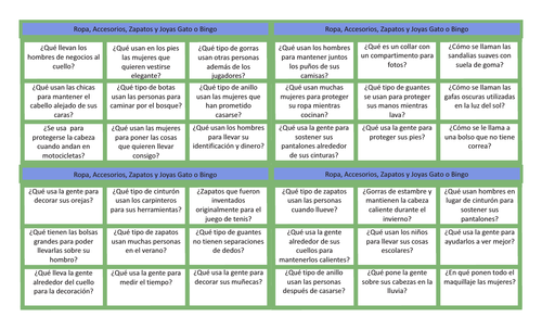 Clothing Accessories and Footwear Spanish Tic-Tac-Toe or Bingo Game ...