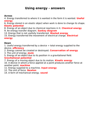 Using Energy Crossword and Answers | Teaching Resources